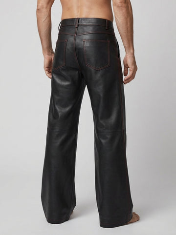 Men’s Black Leather High-Waist Wide-Leg Pants – Rizwards Leather