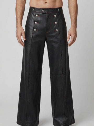 Men’s Black Leather High-Waist Wide-Leg Pants – Rizwards Leather