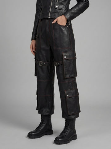 Men’s Black Leather Cargo Pants with Buckle Straps – Rizwards Leather