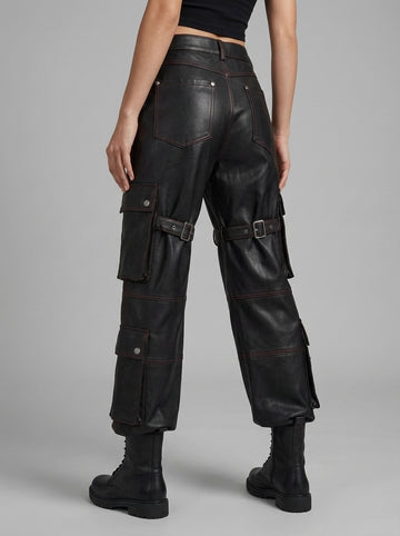 Men’s Black Leather Cargo Pants with Buckle Straps – Rizwards Leather