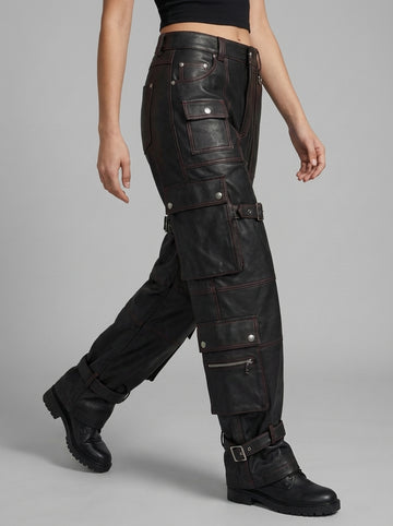 Men’s Black Leather Cargo Pants with Buckle Straps – Rizwards Leather