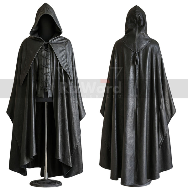 Black Leather Medieval Hooded Cloak - Leather Assassin Cloak with Vest ...